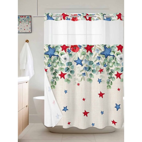 No Hook Shower Curtain with Snap in Liner, Green Eucalyptus Leaves on ...