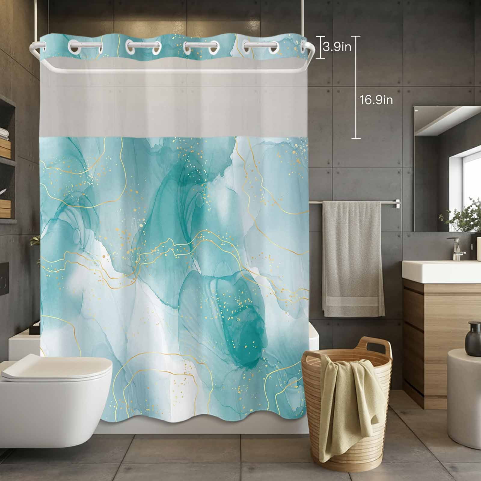 No Hook Shower Curtain with Snap in Liner, Green Marble Gold Line ...