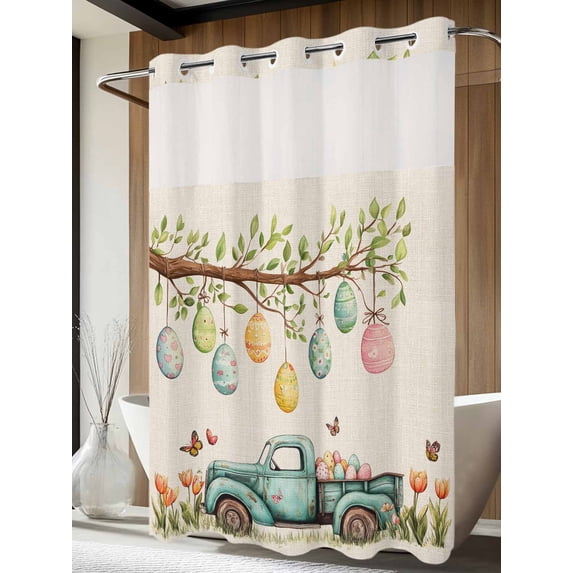 No Hook Shower Curtain with Snap in Liner, Green Truck Watercolor ...