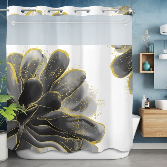 No Hook Shower Curtain with Snap in Liner, Grey Flower Abstract Boho ...