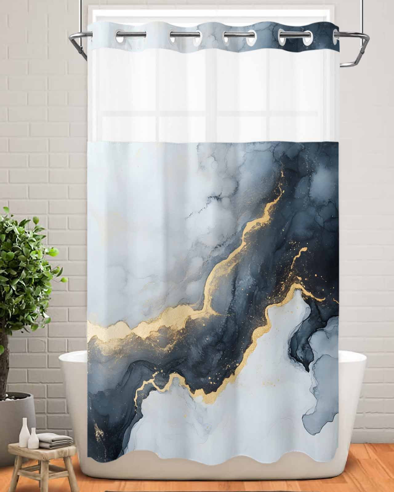 No Hook Shower Curtain with Snap in Liner,Grey Marble Gold Foil ...