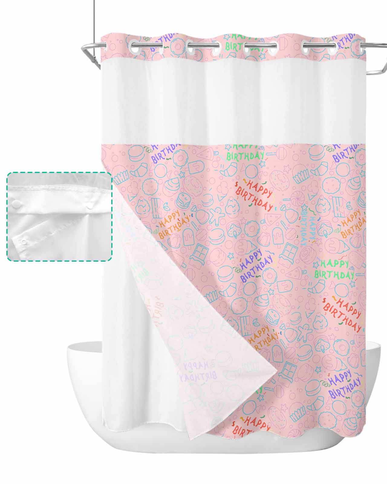 No Hook Shower Curtain with Snap in Liner, Happy Birthday Cake Ballon ...
