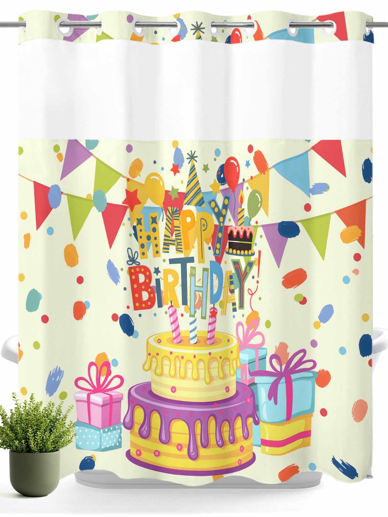 No Hook Shower Curtain with Snap in Liner,Happy Birthday Text ...