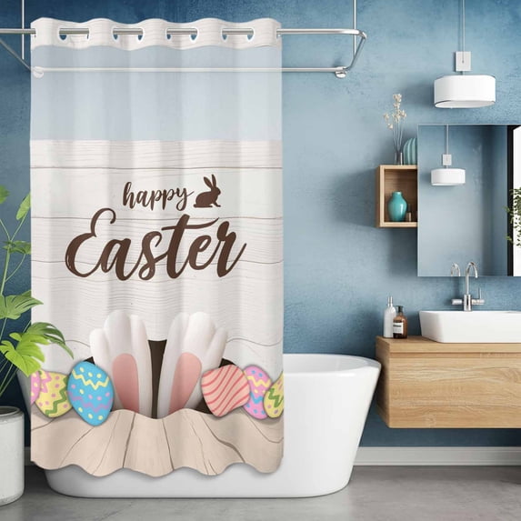 No Hook Shower Curtain with Snap in Liner, Happy Easter Egg Rabbit Feet ...