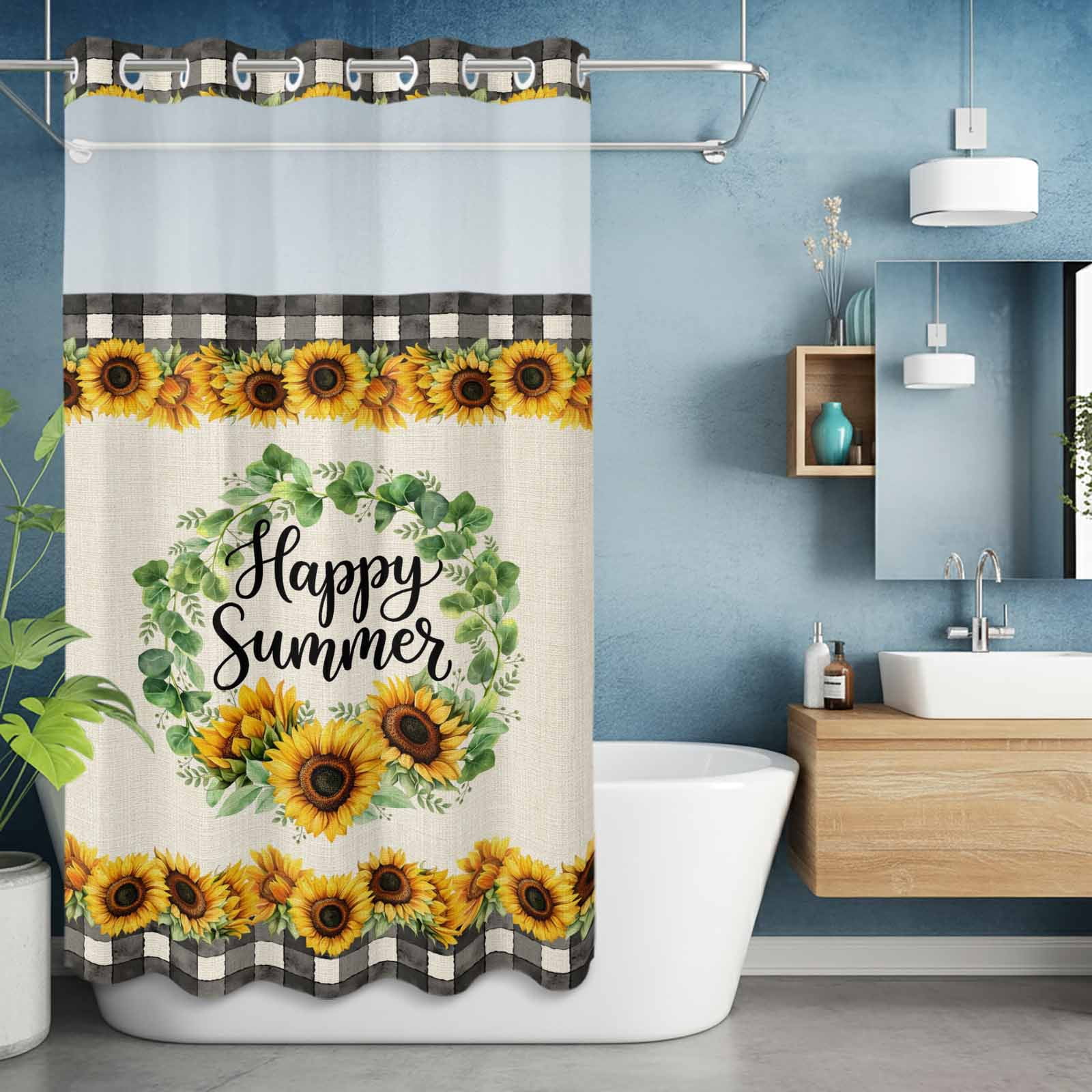 No Hook Shower Curtain with Snap in Liner, Happy Summer Sunflower ...