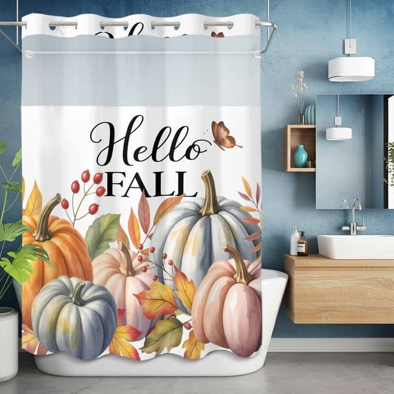 No Hook Shower Curtain with Snap in Liner, Hello Fall Words Waterproof ...
