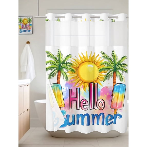 No Hook Shower Curtain with Snap in Liner, Hello Summer Text Sun Palm ...