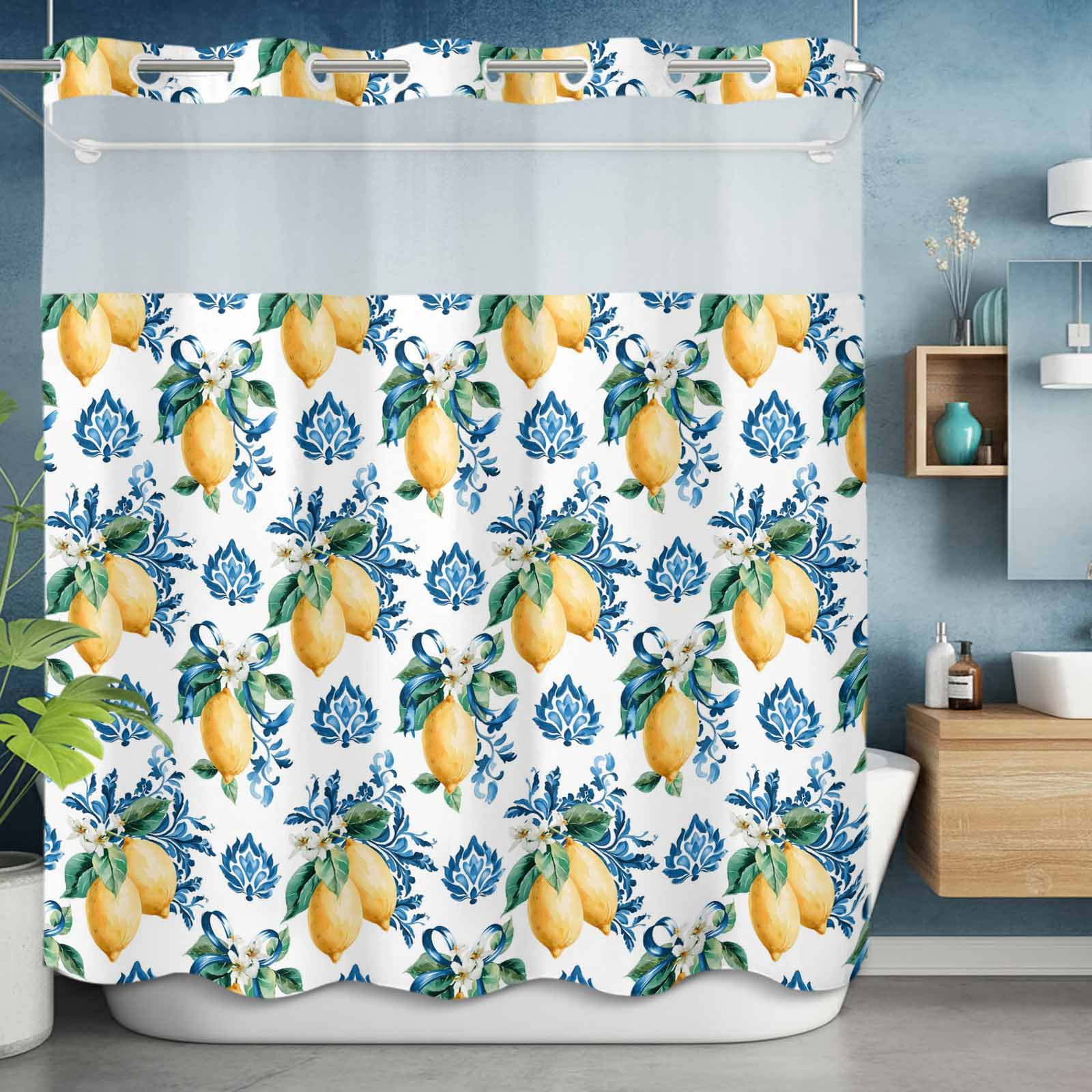 No Hook Shower Curtain with Snap in Liner, Lemon Summer Flower Baroque ...