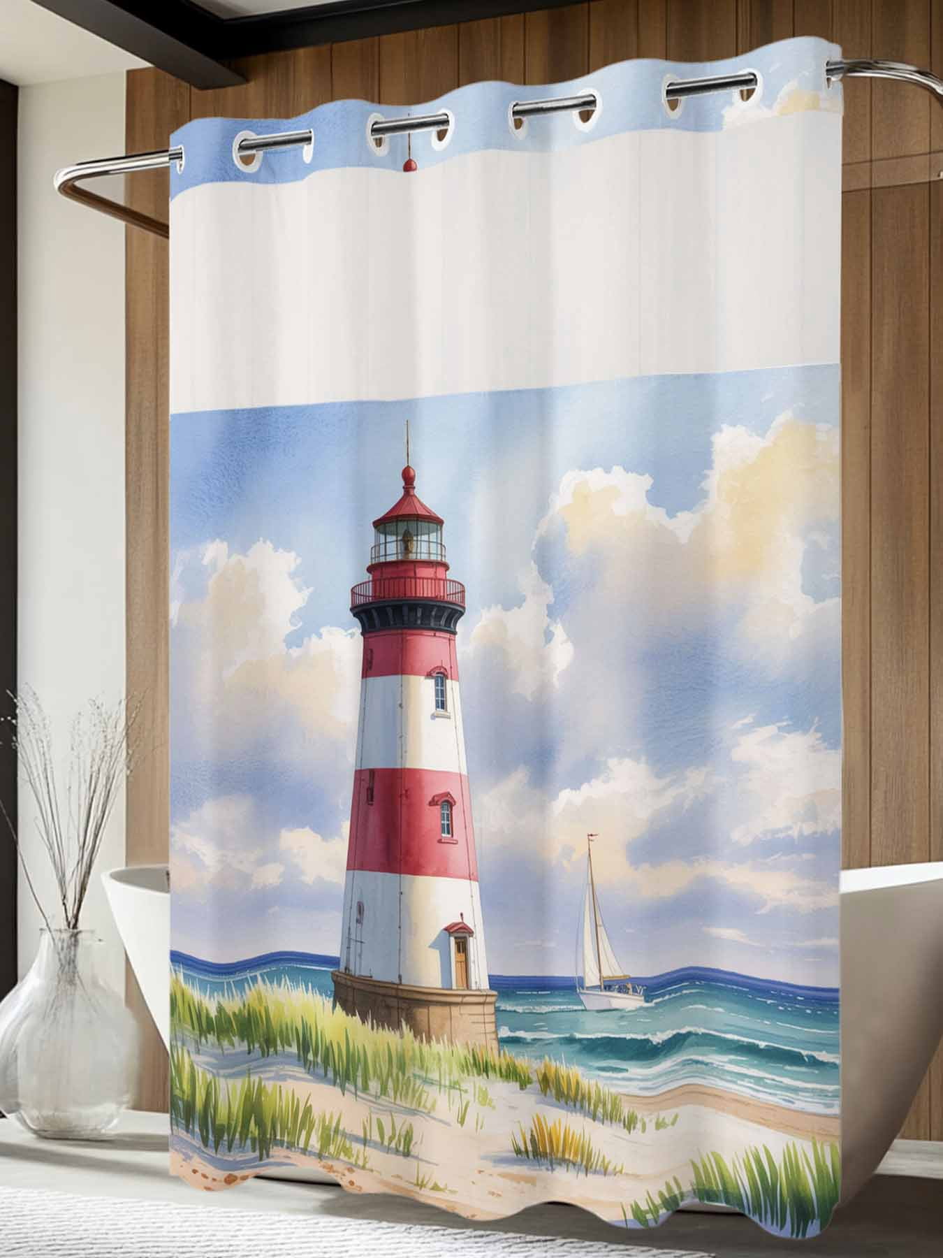 No Hook Shower Curtain with Snap in Liner, Lighthouse Beach Beach Sea ...