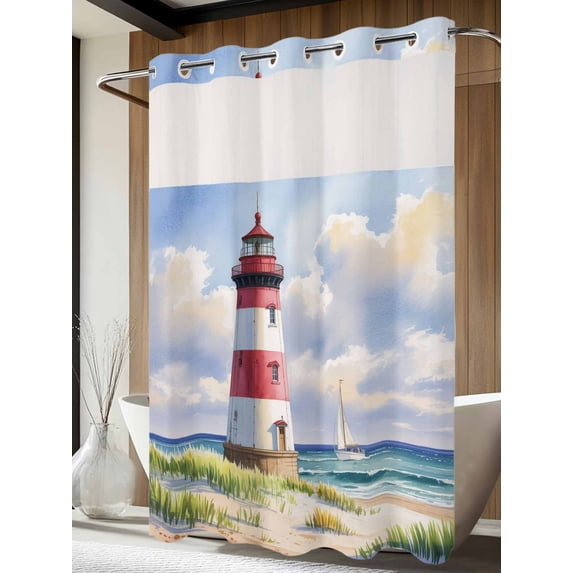 No Hook Shower Curtain with Snap in Liner, Lighthouse Beach Beach Sea ...