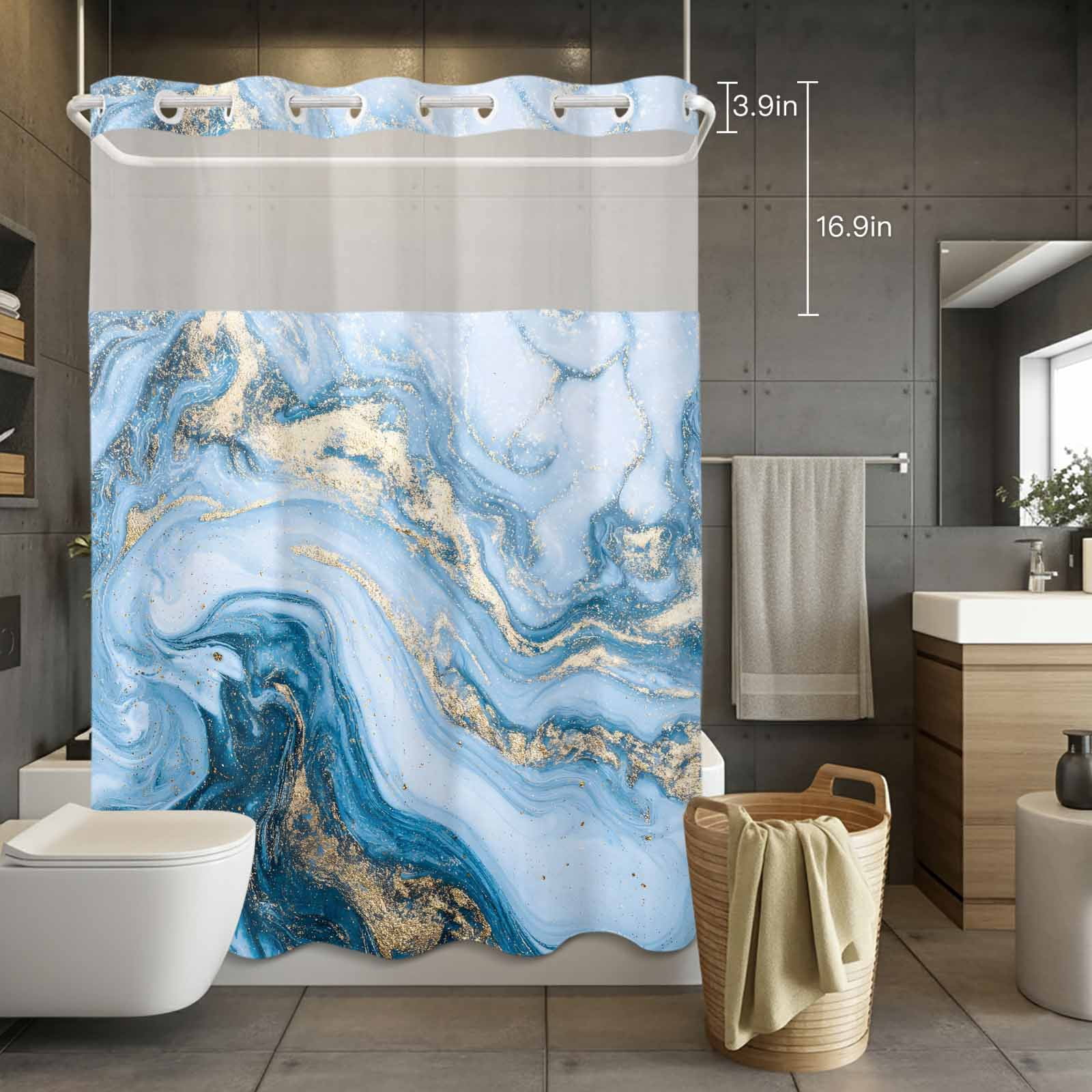 No Hook Shower Curtain with Snap in Liner, Marble Texture Watercolor ...