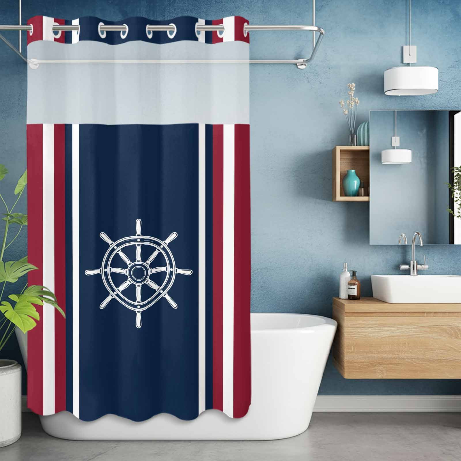 No Hook Shower Curtain with Snap in Liner, Medieval Nautical Ship Wheel ...