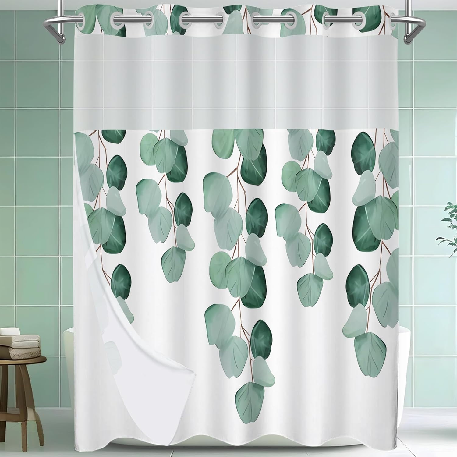 No Hook Shower Curtain with Snap in Liner and Mesh Window, Green Eucalyptus Leaves Spring Shower ...