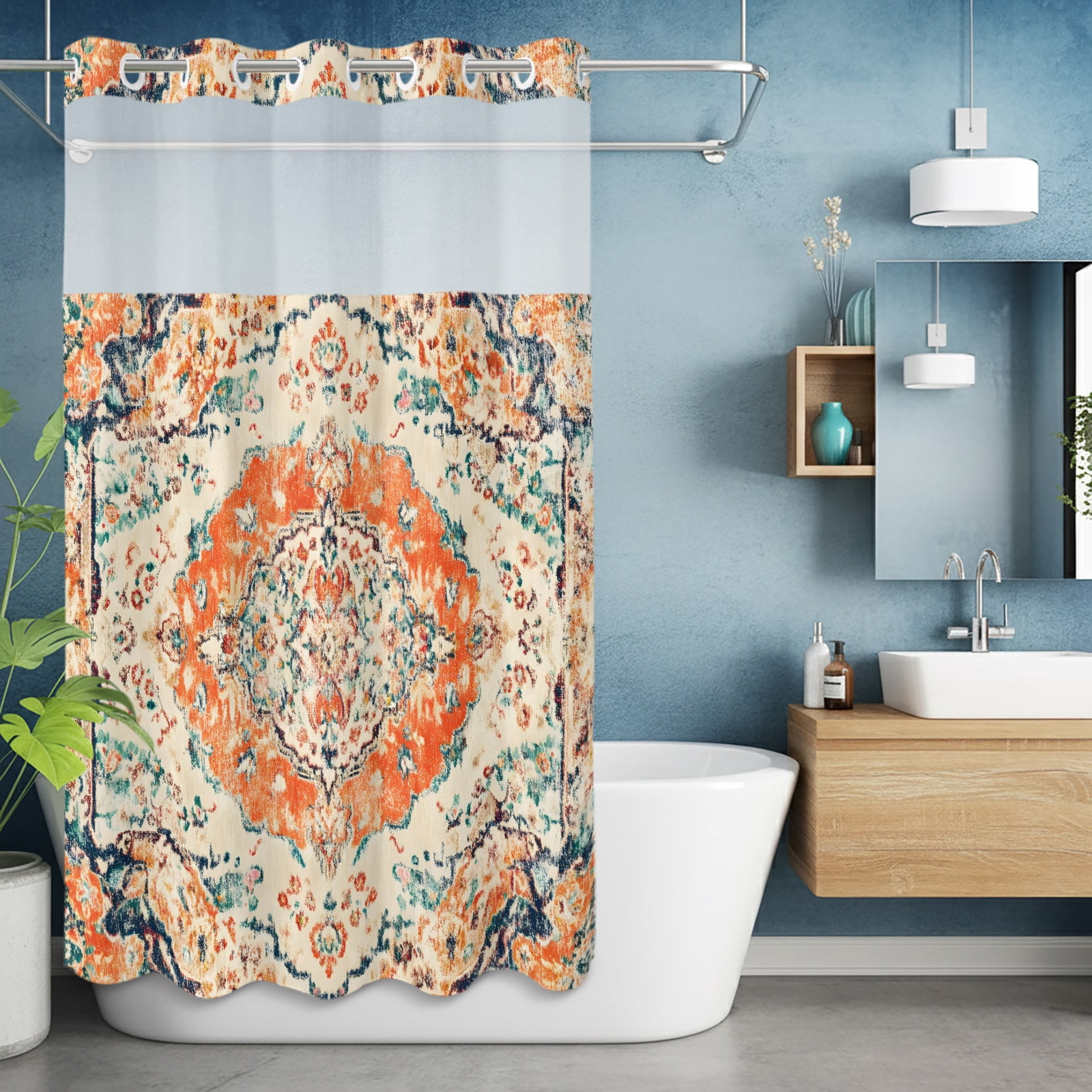 No Hook Shower Curtain with Snap in Liner, Mid Century Retro Flower ...