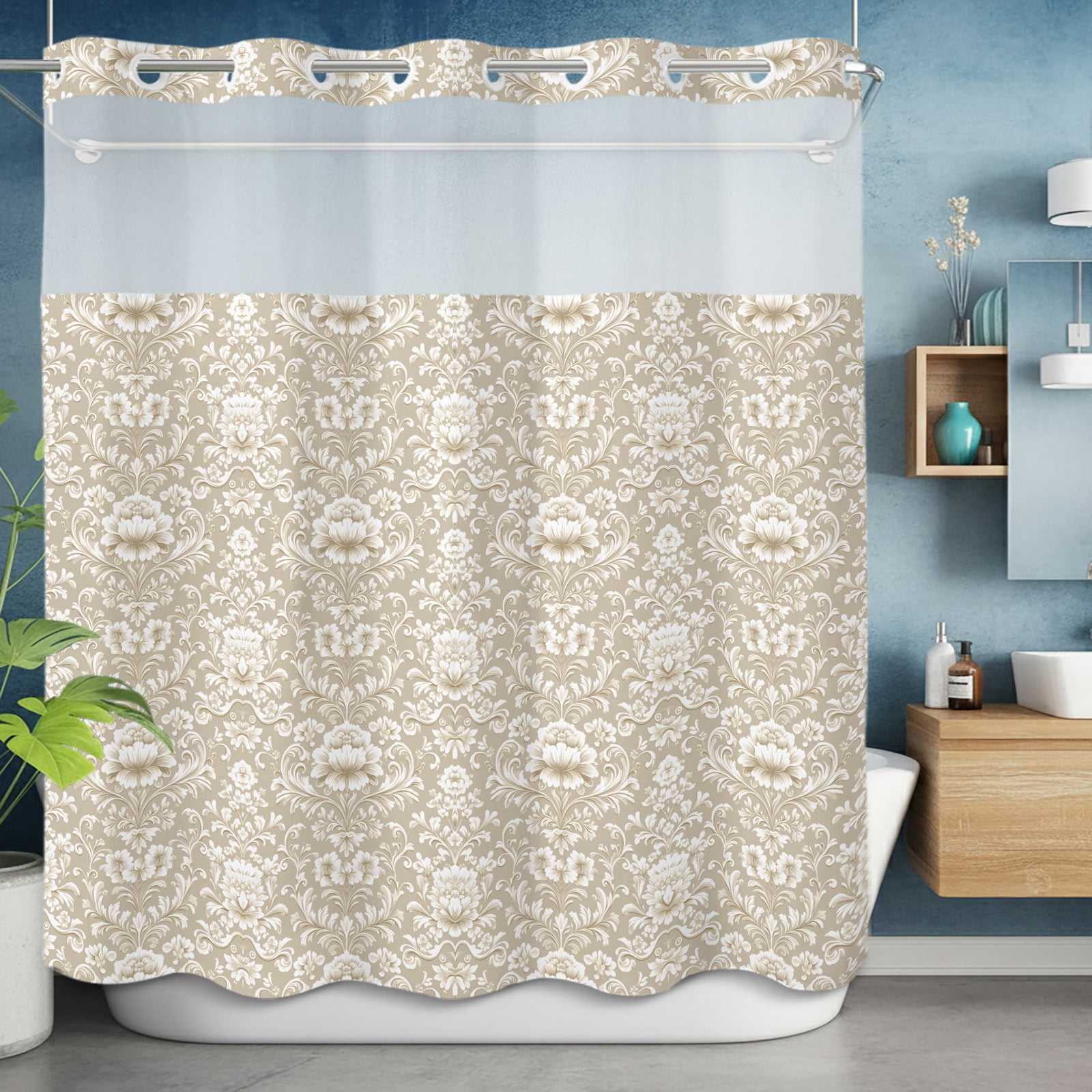 No Hook Shower Curtain with Snap in Liner, Mid Century Vintage Floral ...