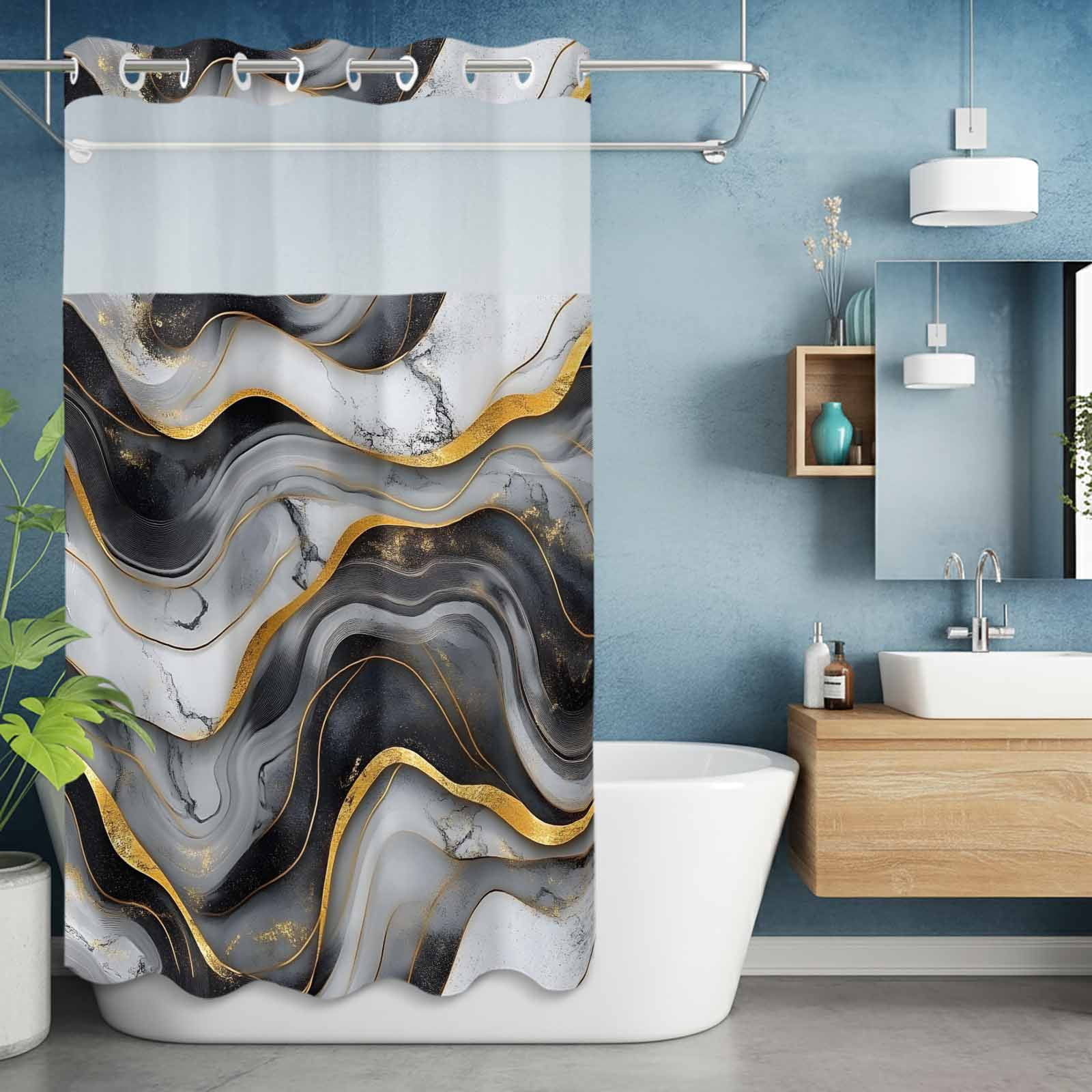 No Hook Shower Curtain with Snap in Liner, Modern Abstract Marble ...