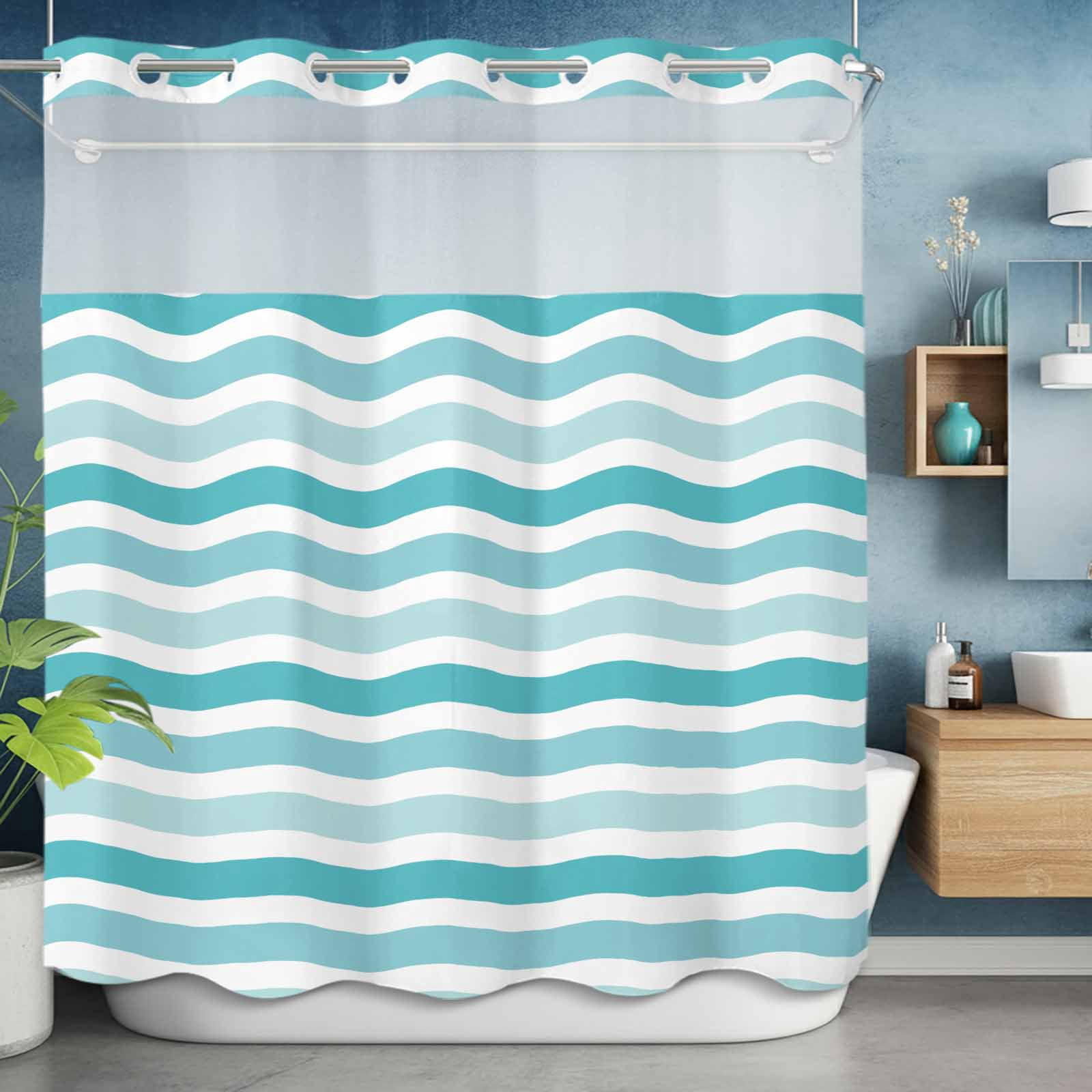 No Hook Shower Curtain with Snap in Liner, Modern Cyan Gradient Water ...