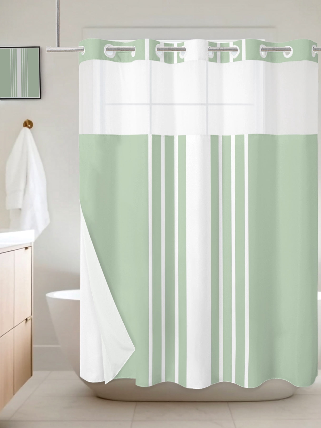 No Hook Shower Curtain with Snap in Liner, Modern White Stripe on Green ...
