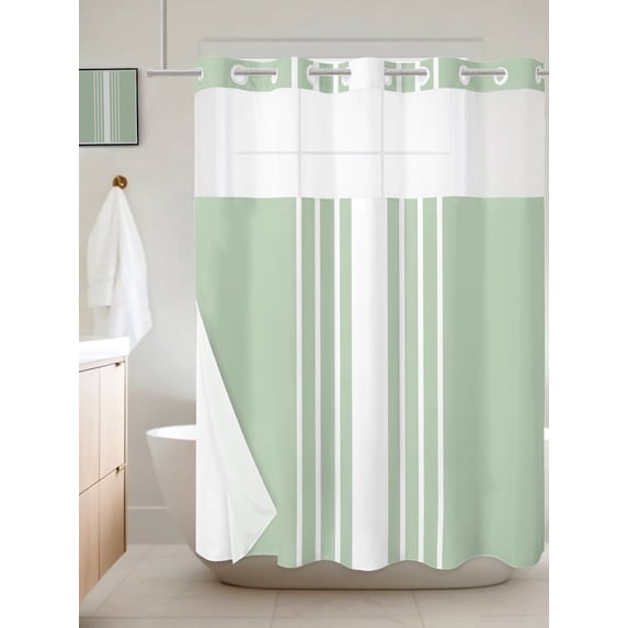 No Hook Shower Curtain with Snap in Liner, Modern White Stripe on Green ...