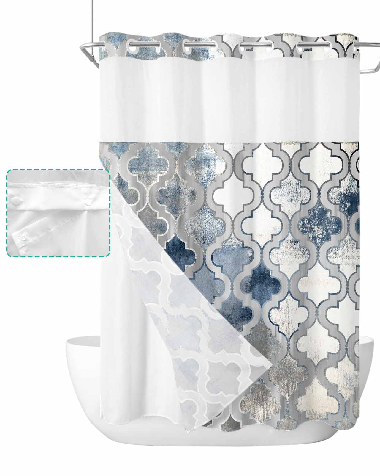 No Hook Shower Curtain with Snap in Liner, Morocco Geometric Lattice Blue and Grey Art Graffiti ...