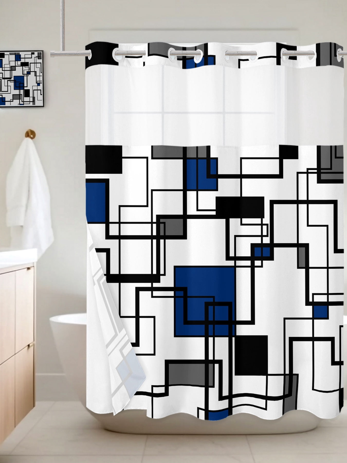 No Hook Shower Curtain with Snap in Liner, Navy Blue Color Block ...
