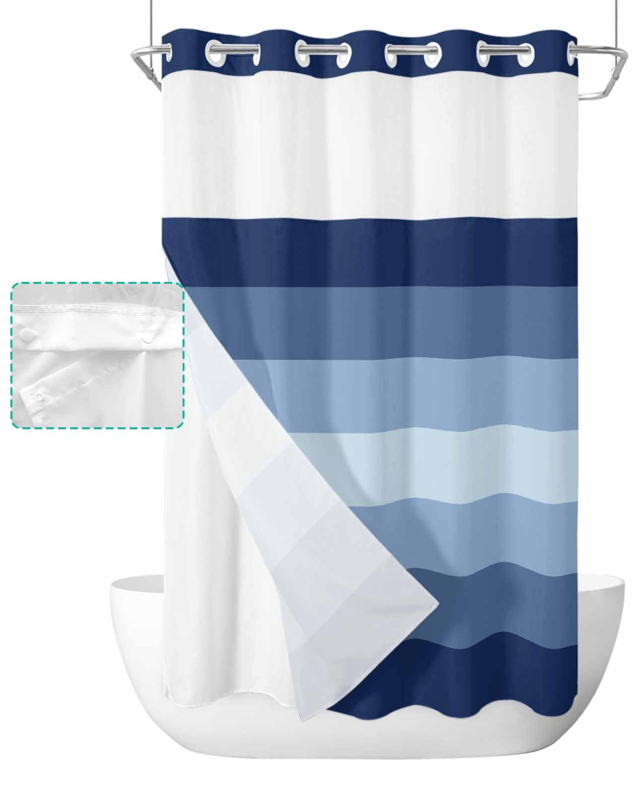 No Hook Shower Curtain with Snap in Liner, Navy Blue Ombre Stripe Hotel Shower Curtains for ...