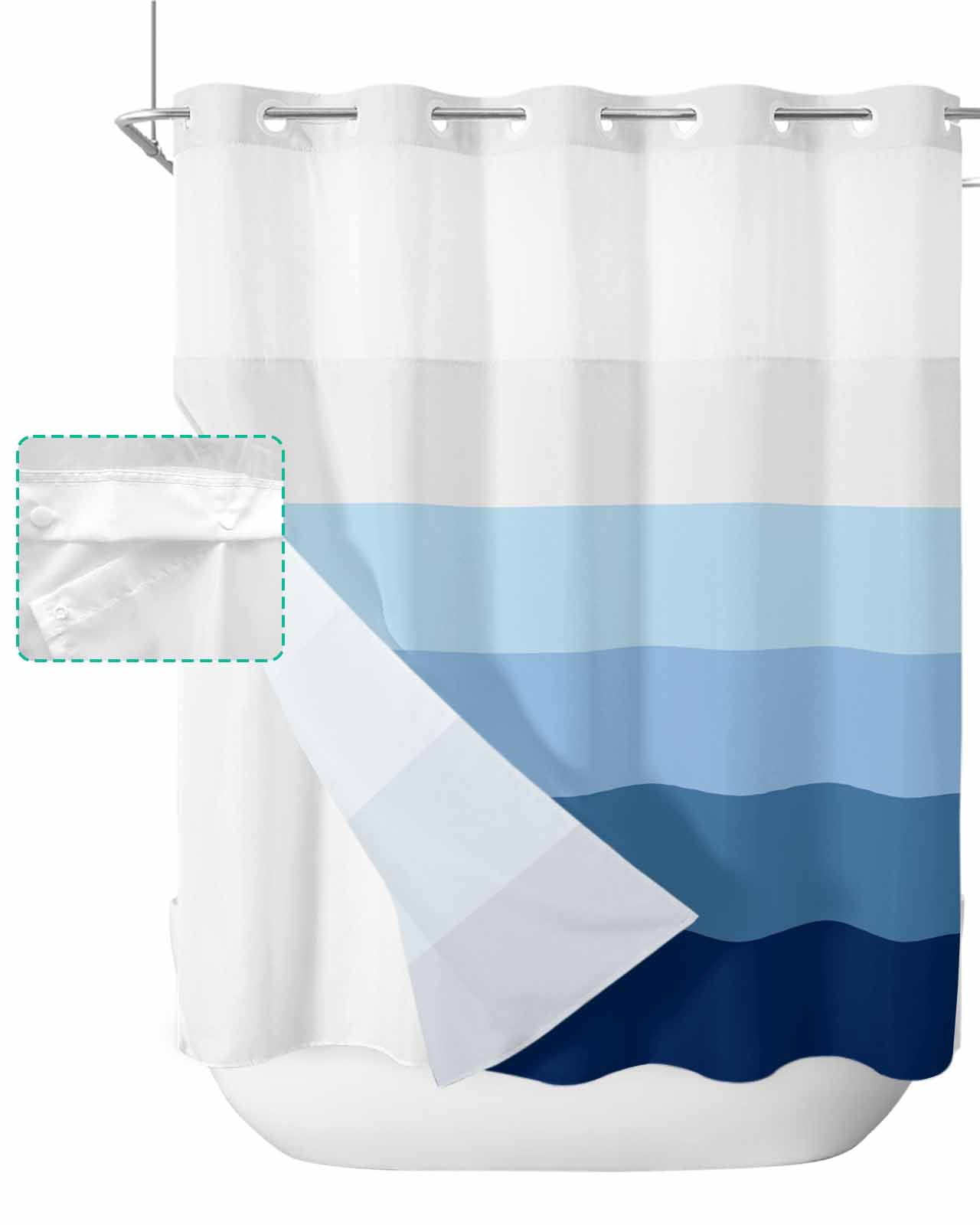 No Hook Shower Curtain with Snap in Liner, Navy Blue Striped Gradient Rustic Wood Board Hotel ...