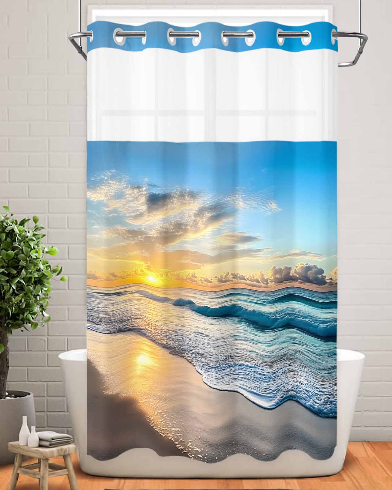 No Hook Shower Curtain with Snap in Liner,Ocean Beach Sea Spray Sunset ...