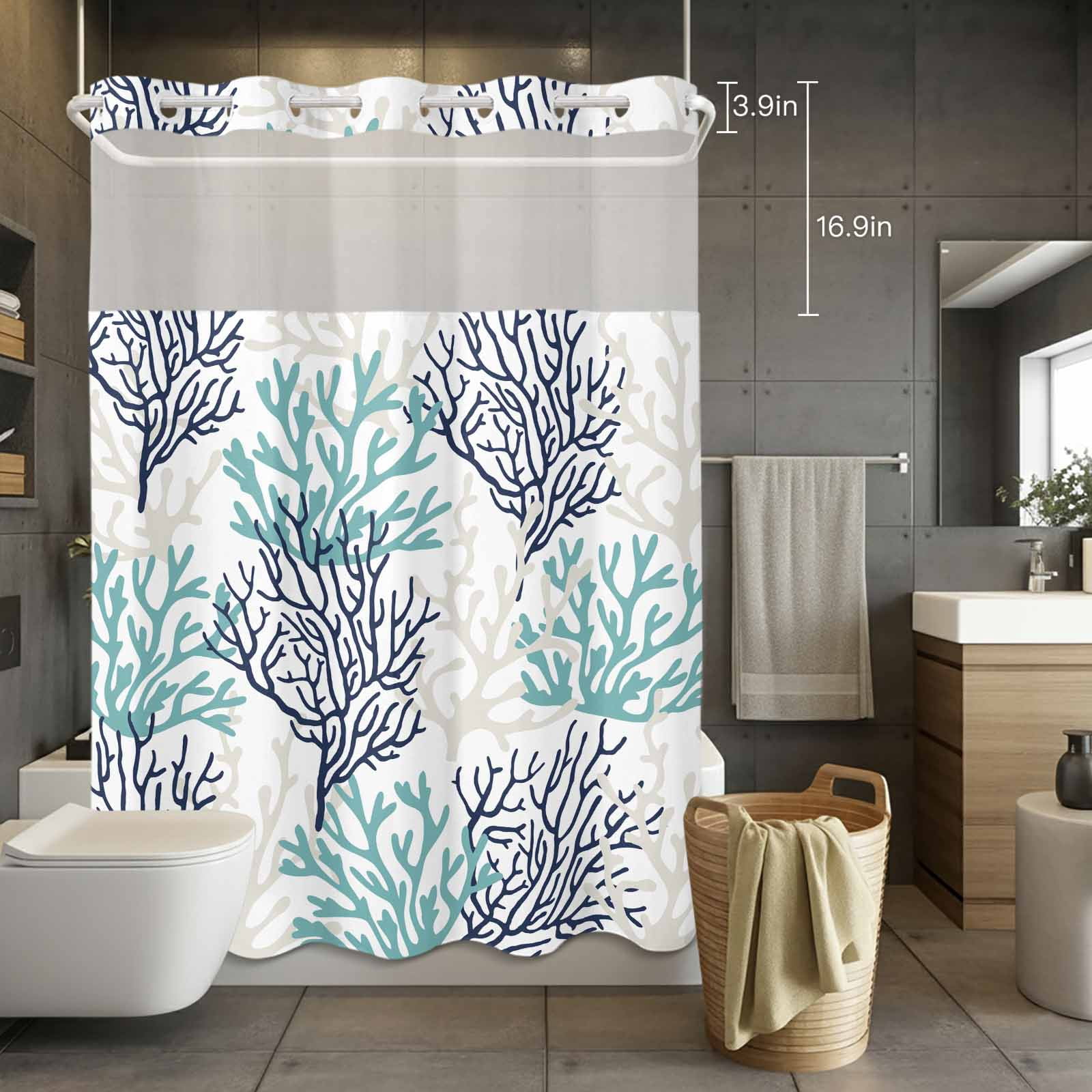 No Hook Shower Curtain with Snap in Liner, Ocean Blue Teal Gray Seaweed ...