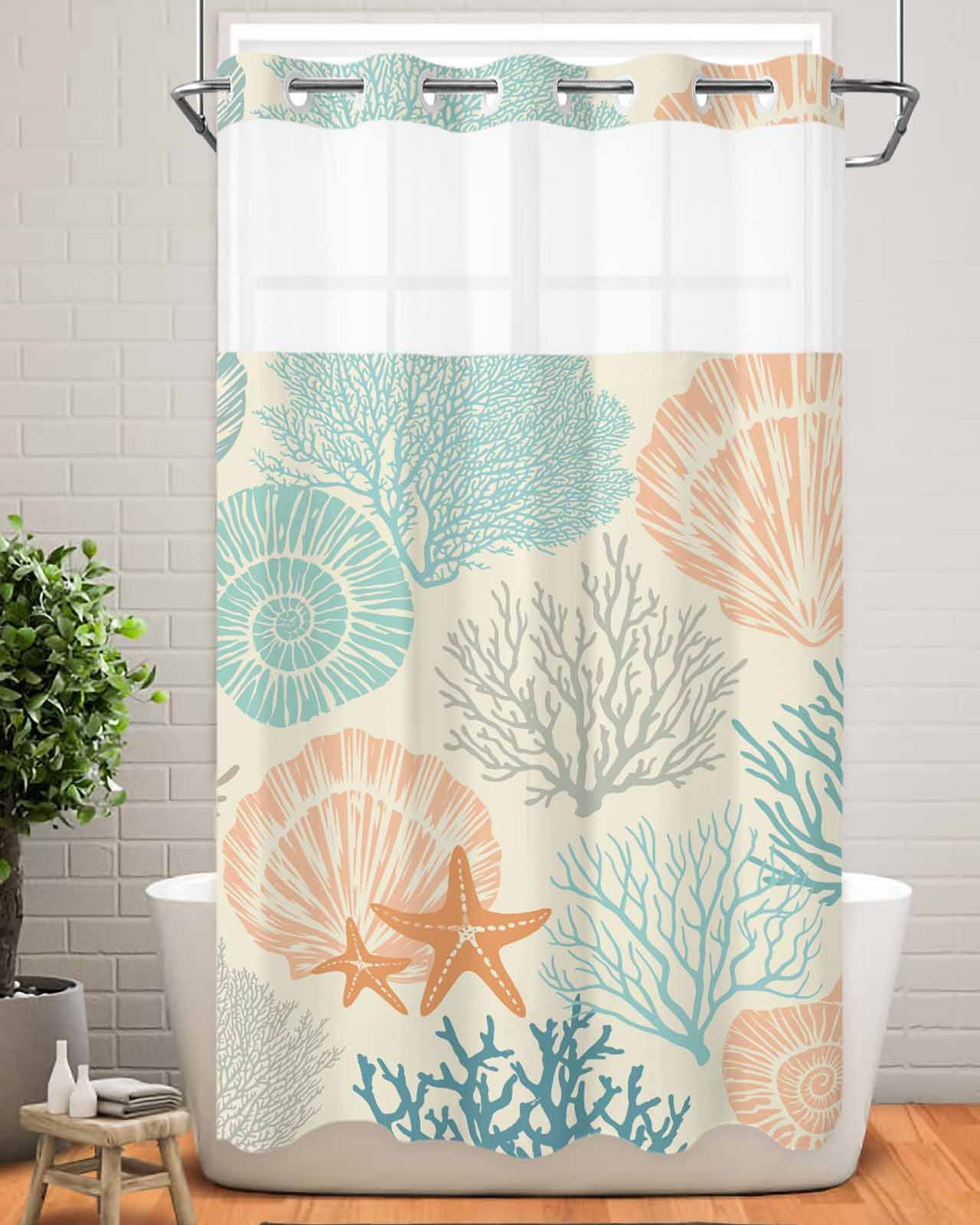 No Hook Shower Curtain with Snap in Liner,Ocean Coral Shell Conch ...