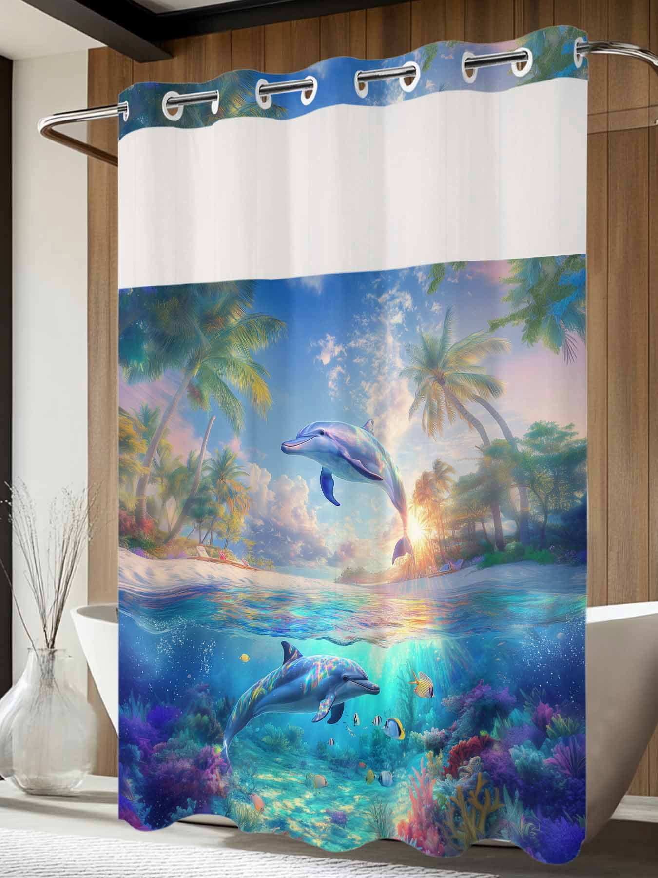 No Hook Shower Curtain with Snap in Liner, Ocean Dolphin Beach Coconut ...