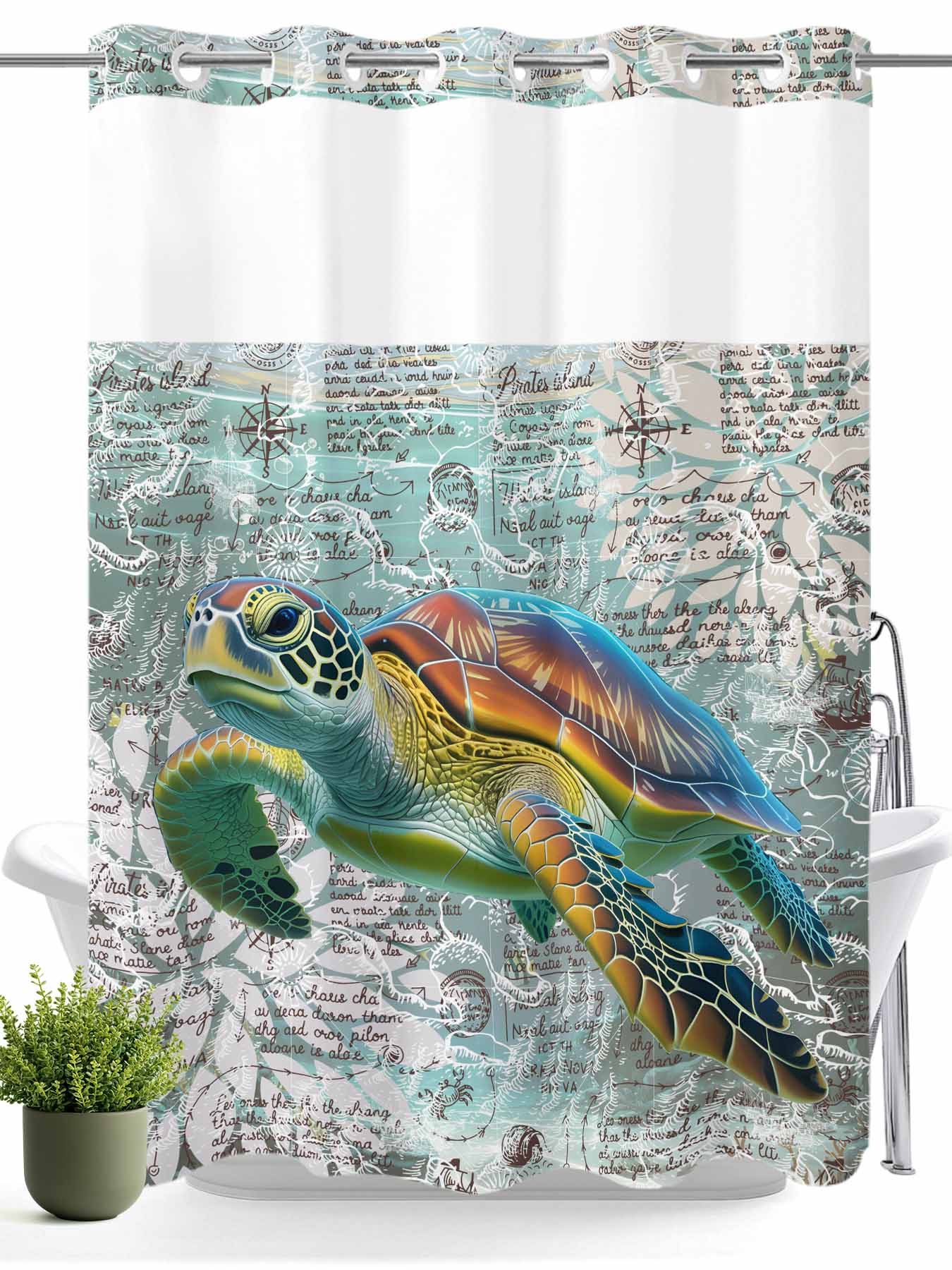 No Hook Shower Curtain with Snap in Liner,Ocean Sea Turtle Nautical Map ...