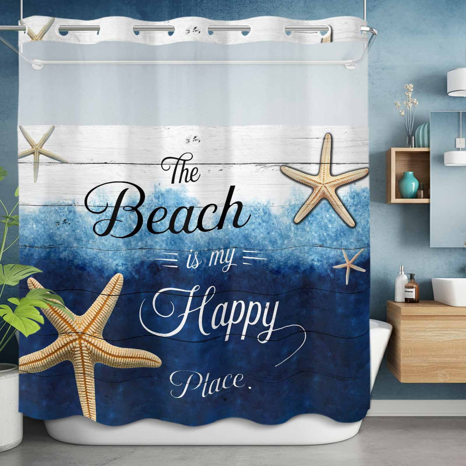 No Hook Shower Curtain with Snap in Liner, Ocean Starfish Beach Happy ...