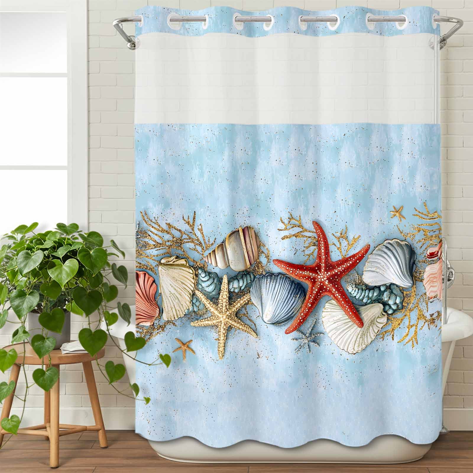 No Hook Shower Curtain with Snap in Liner, Ocean Starfish Shell Conch ...