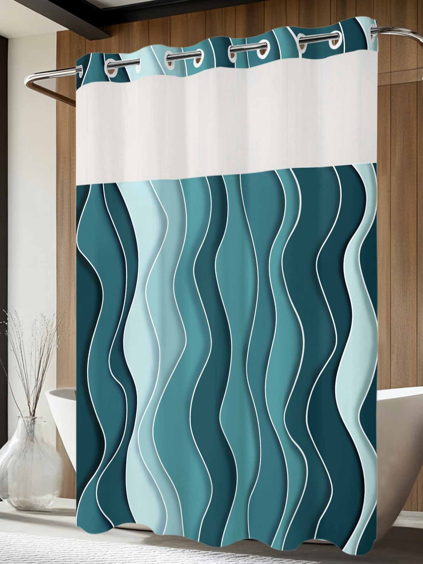 No Hook Shower Curtain with Snap in Liner, OmbreTurquoise Ocean Waves ...