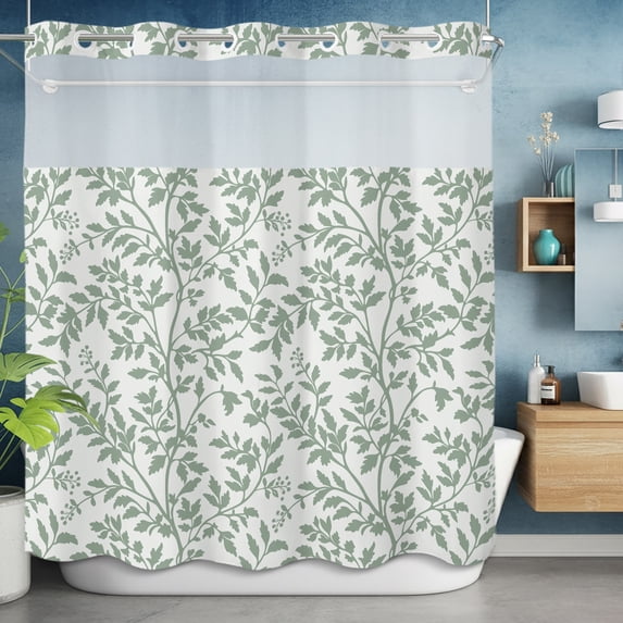 No Hook Shower Curtain with Snap in Liner, Pastoral Botanical Leaves ...