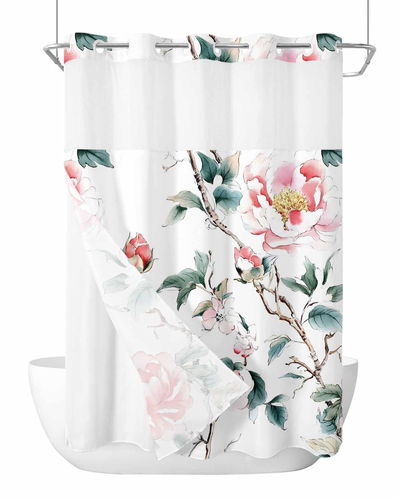 No Hook Shower Curtain with Snap in Liner Pink Flowers Watercolor ...