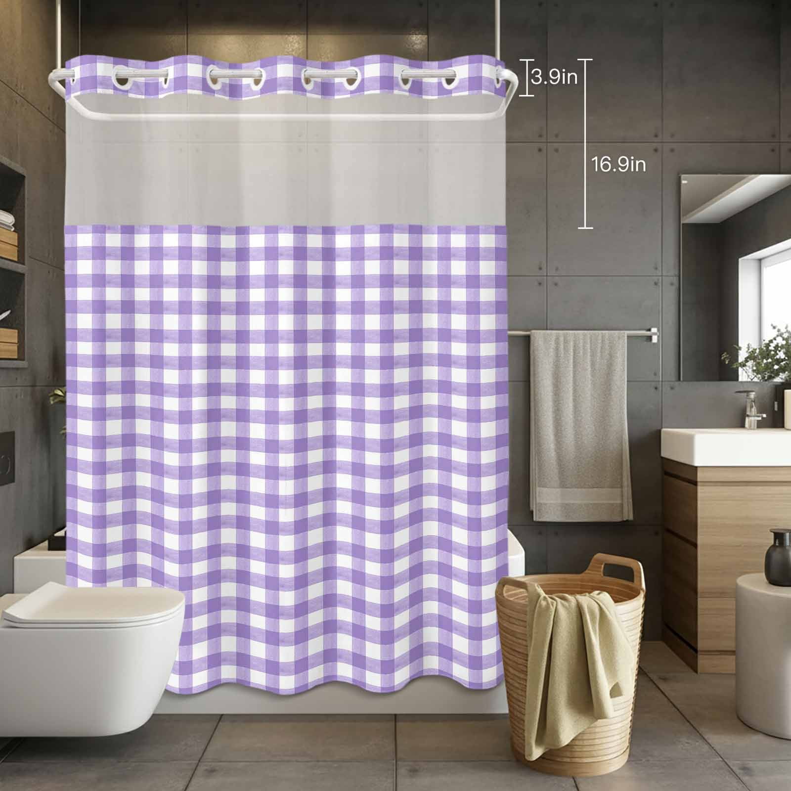 No Hook Shower Curtain with Snap in Liner, Purple White Checkered Plaid ...