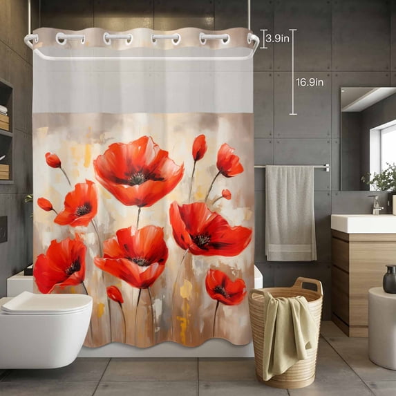 No Hook Shower Curtain with Snap in Liner, Red Poppy Flower Watercolor ...