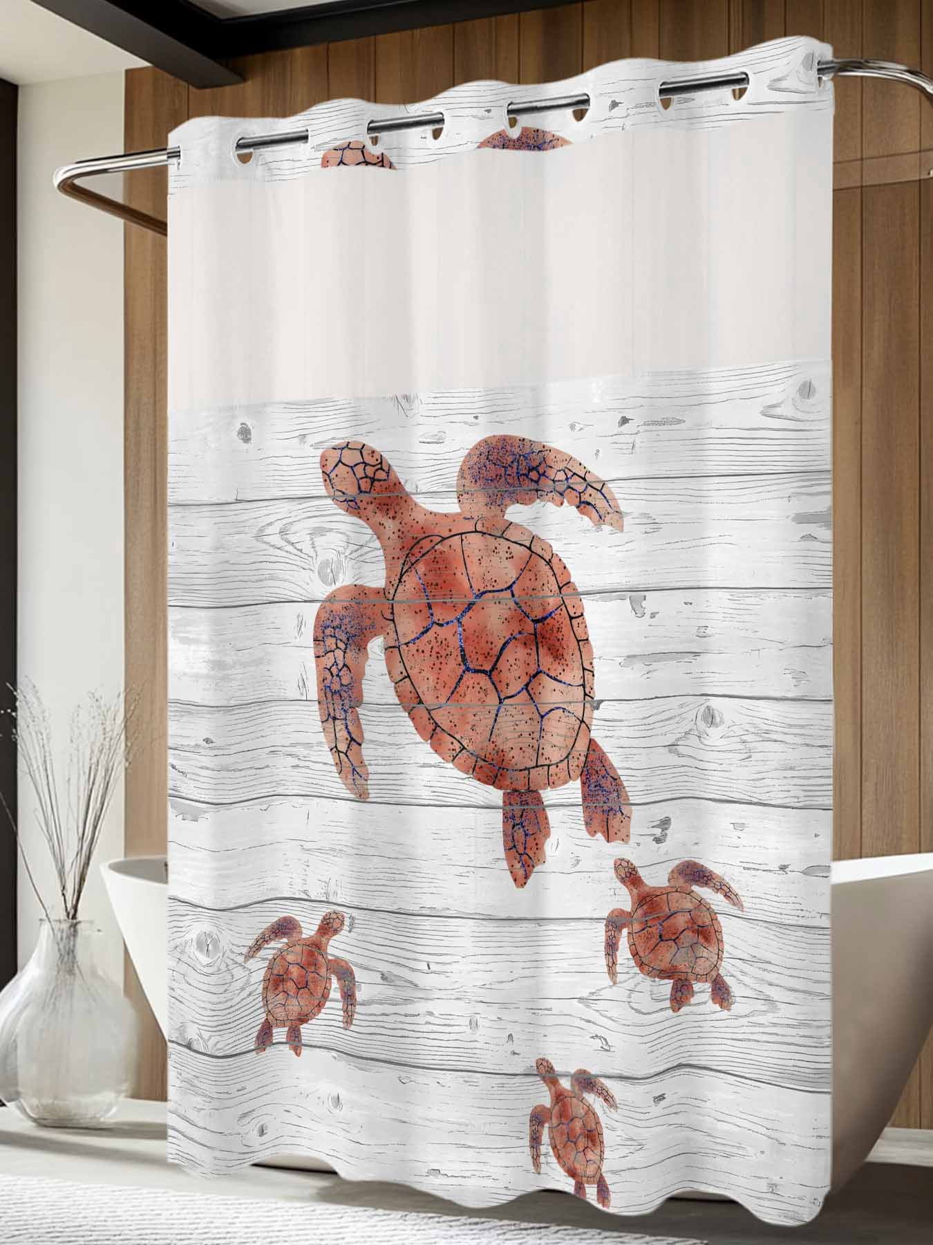 No Hook Shower Curtain with Snap in Liner, Red Sea Turtles on Wood ...