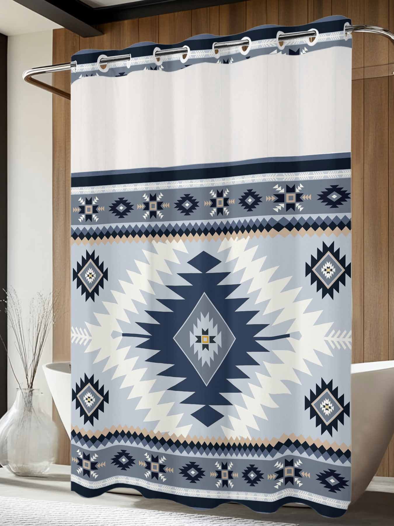 No Hook Shower Curtain with Snap in Liner, Retro Bohemian Geometric ...