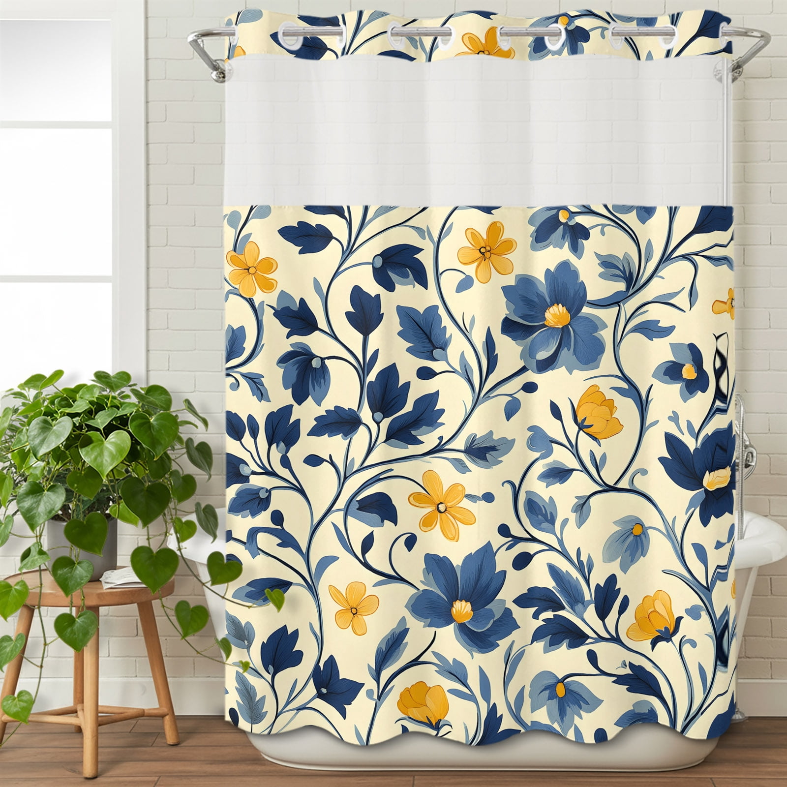 No Hook Shower Curtain with Snap in Liner, Retro Country Farm Flowers ...
