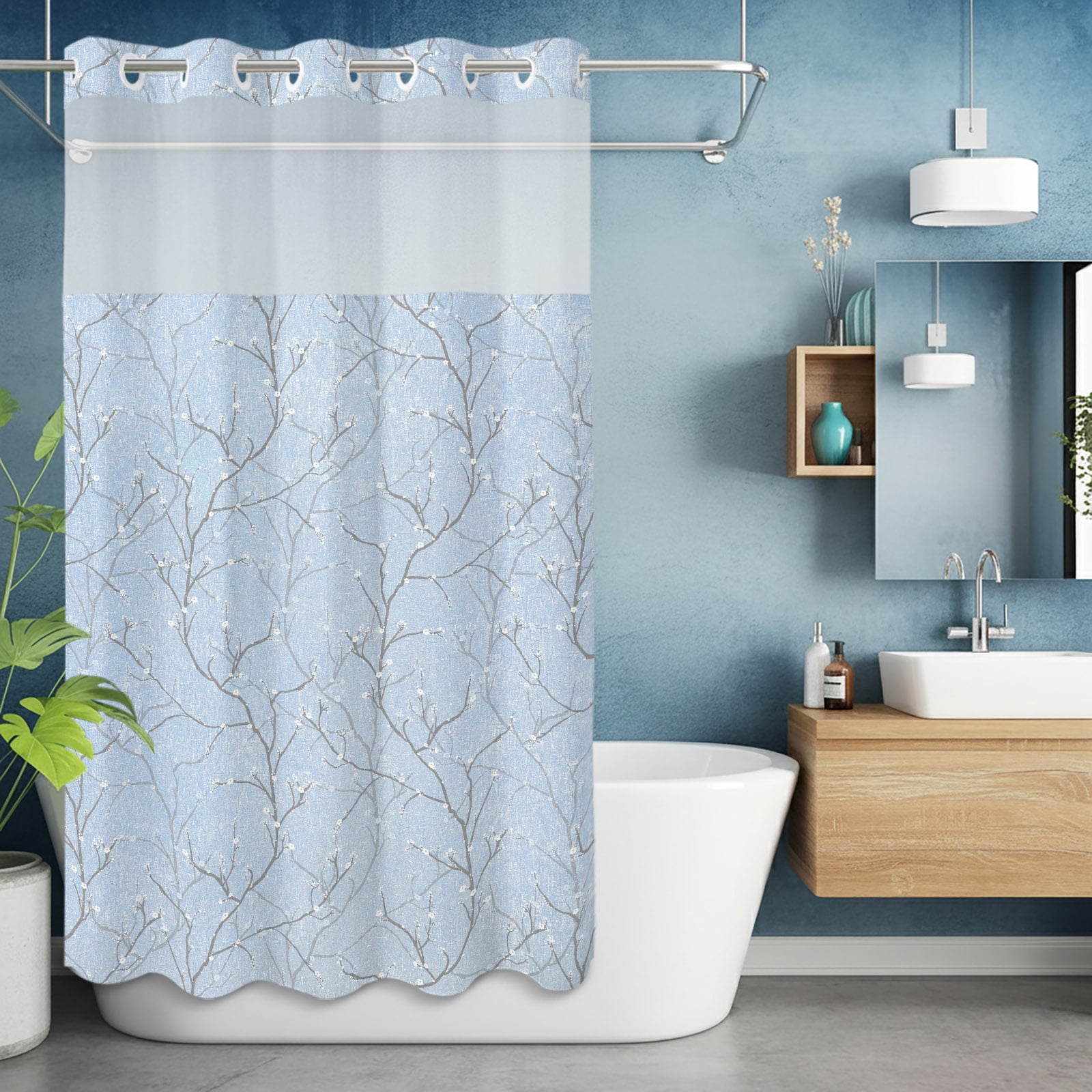No Hook Shower Curtain with Snap in Liner, Retro Tree Branches Texture ...