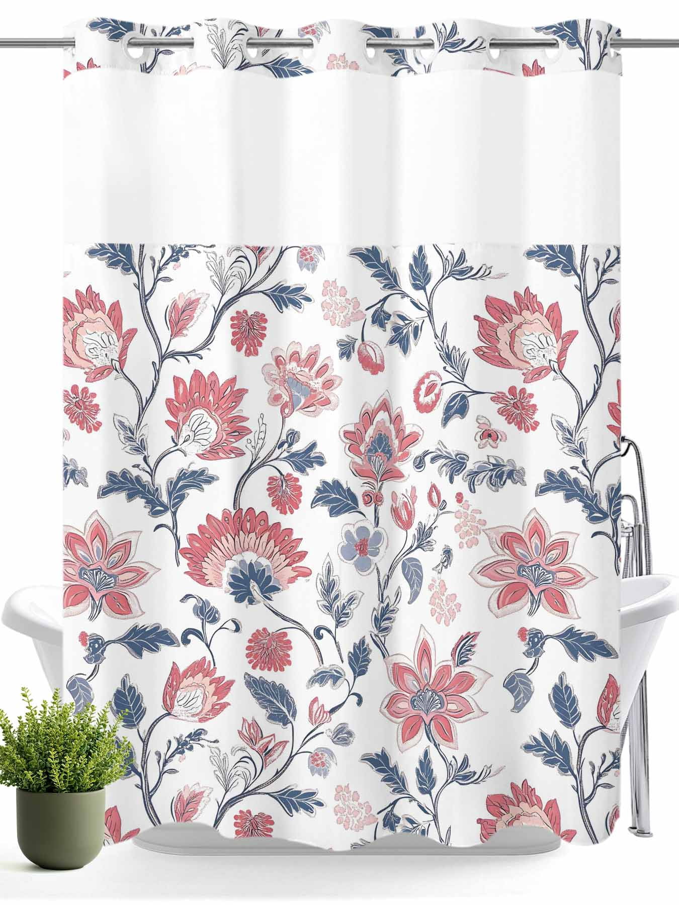 No Hook Shower Curtain with Snap in Liner,Retro Watercolor Blossom ...