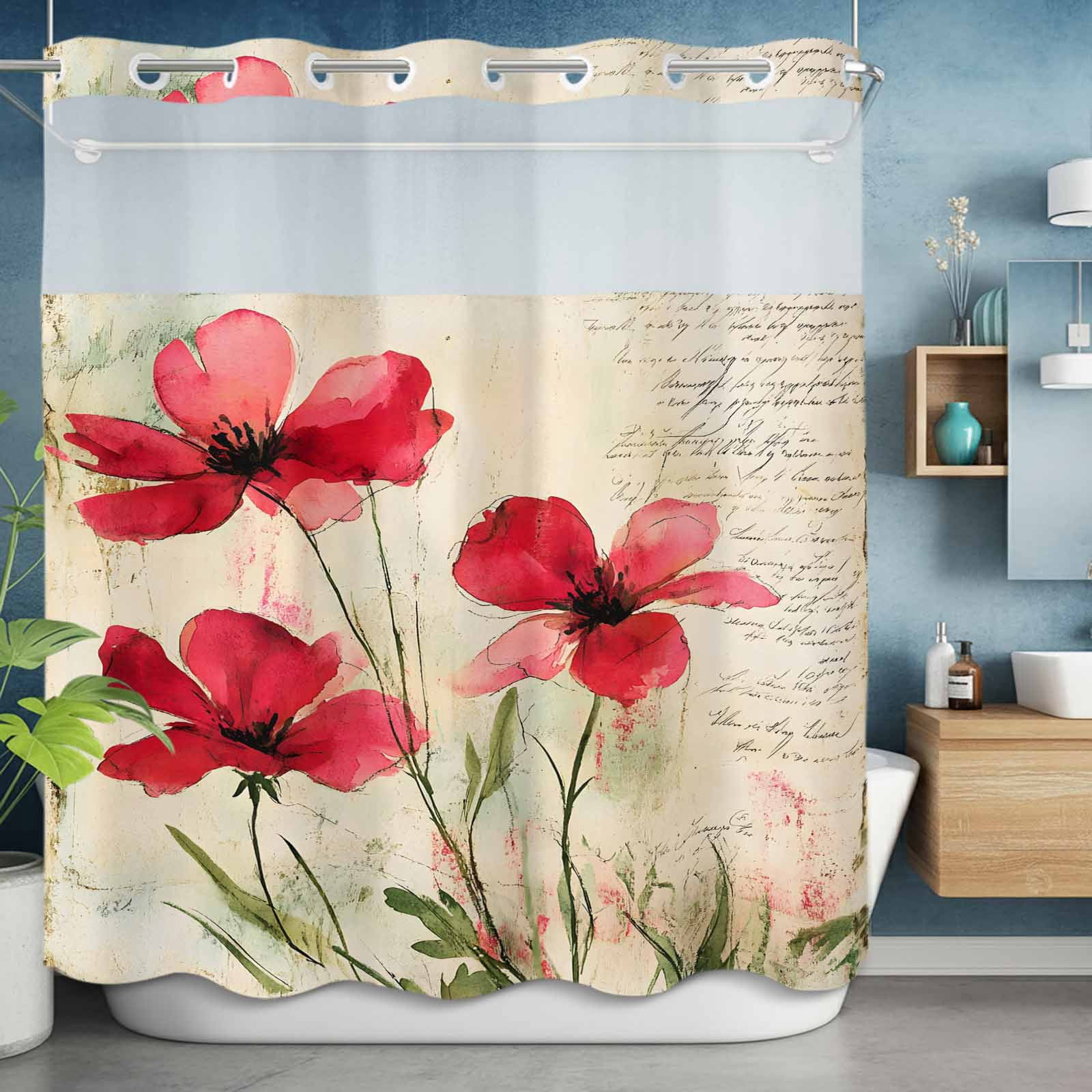 No Hook Shower Curtain with Snap in Liner, Retro Watercolor Blossom Red ...