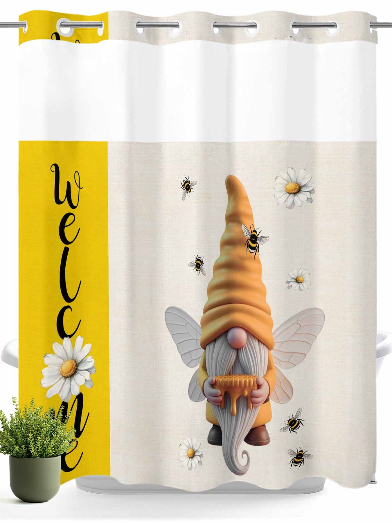 No Hook Shower Curtain with Snap in Liner,Rustic Dwarf Bees Daisy ...