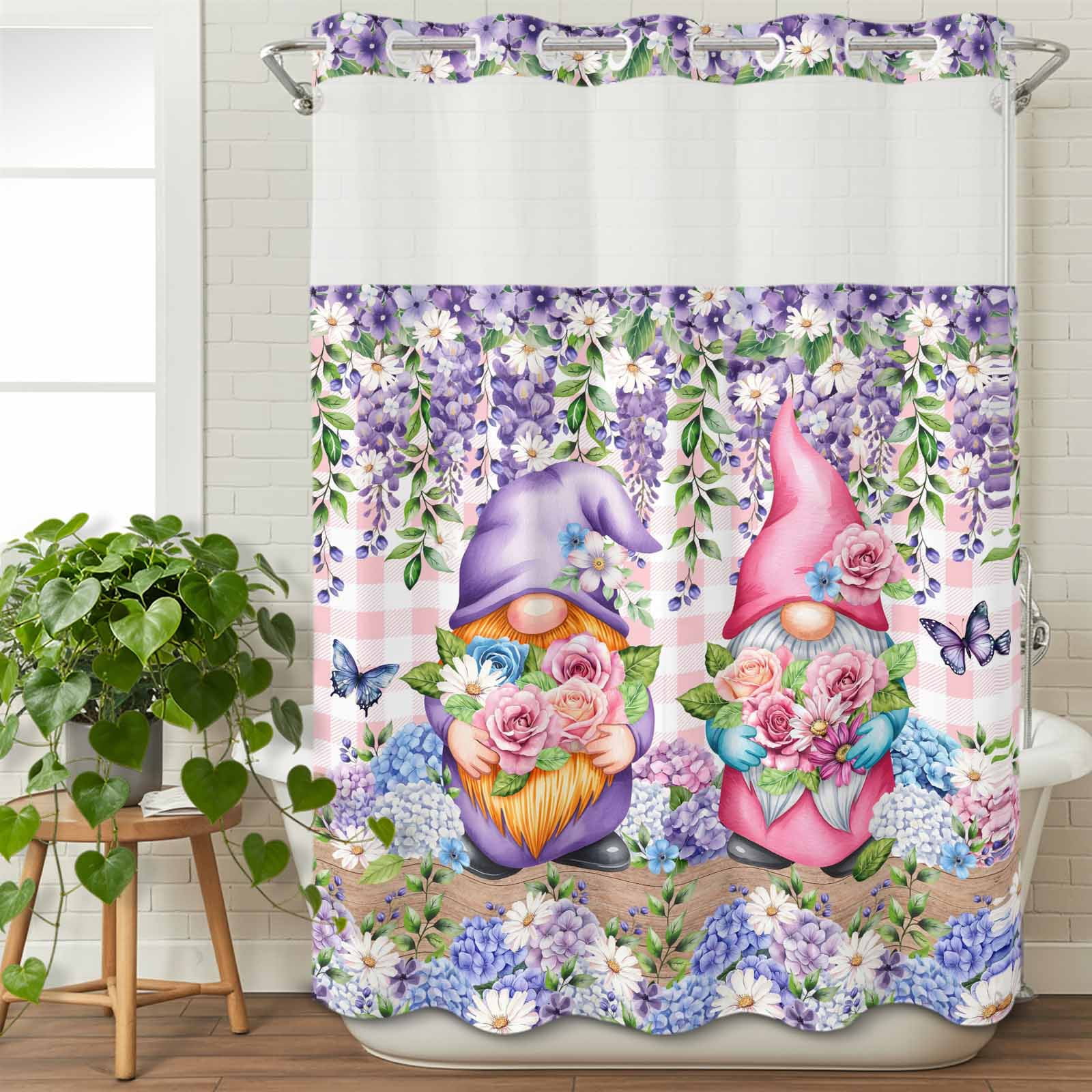 No Hook Shower Curtain with Snap in Liner, Rustic Gnome Hydrangea ...