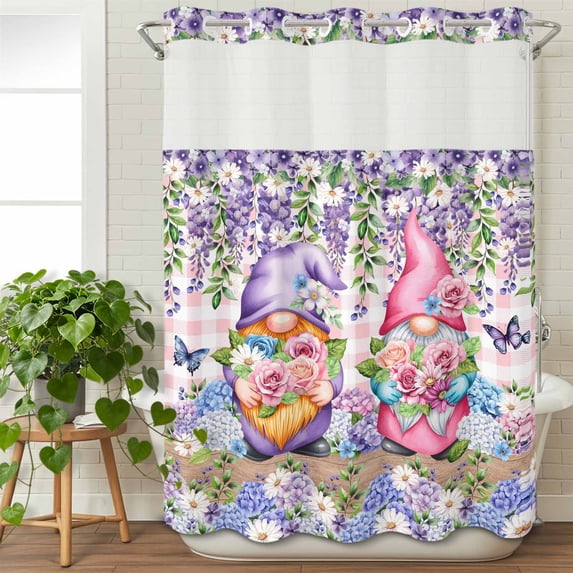 No Hook Shower Curtain with Snap in Liner, Rustic Gnome Hydrangea ...