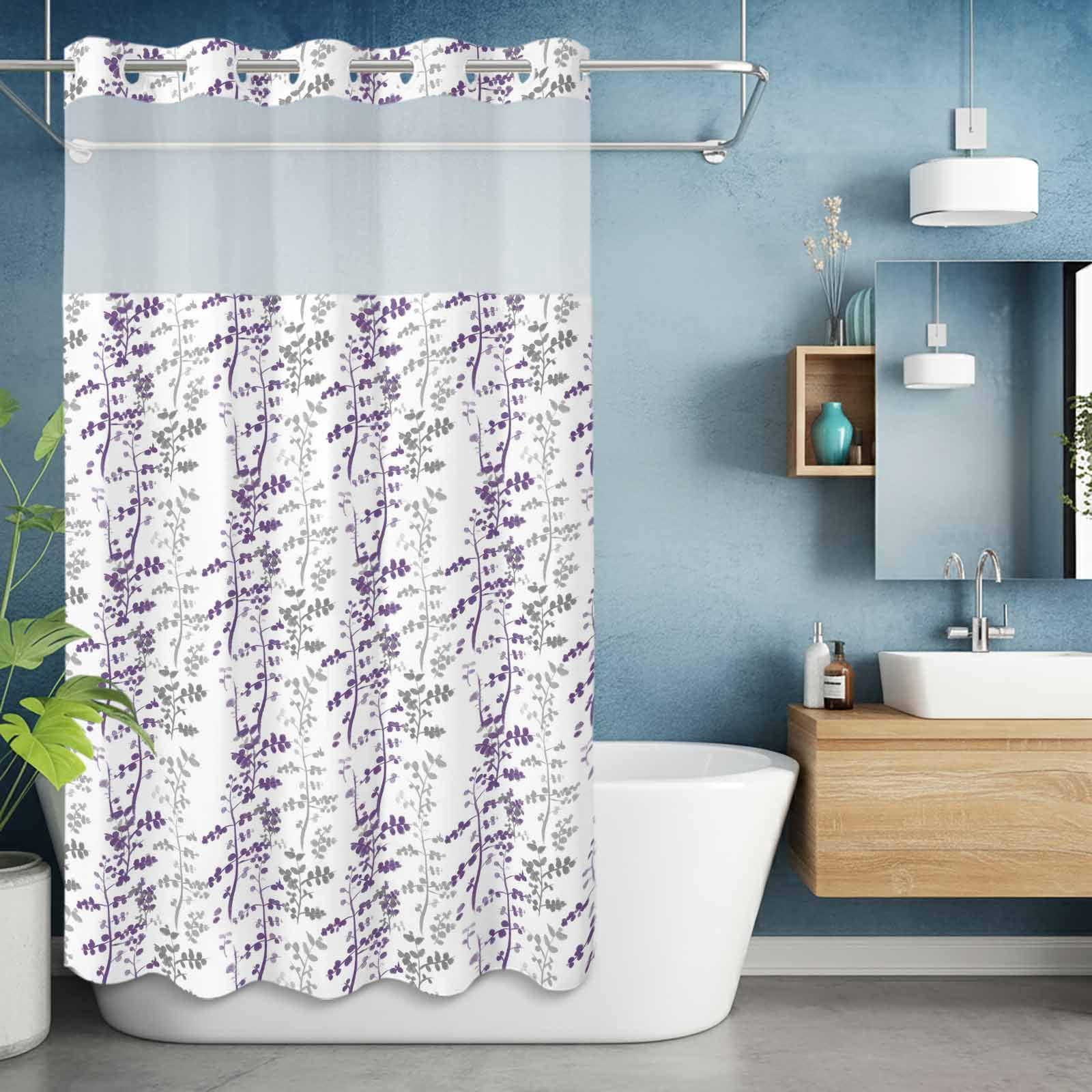 No Hook Shower Curtain with Snap in Liner, Rustic Purple Gray Leaf ...