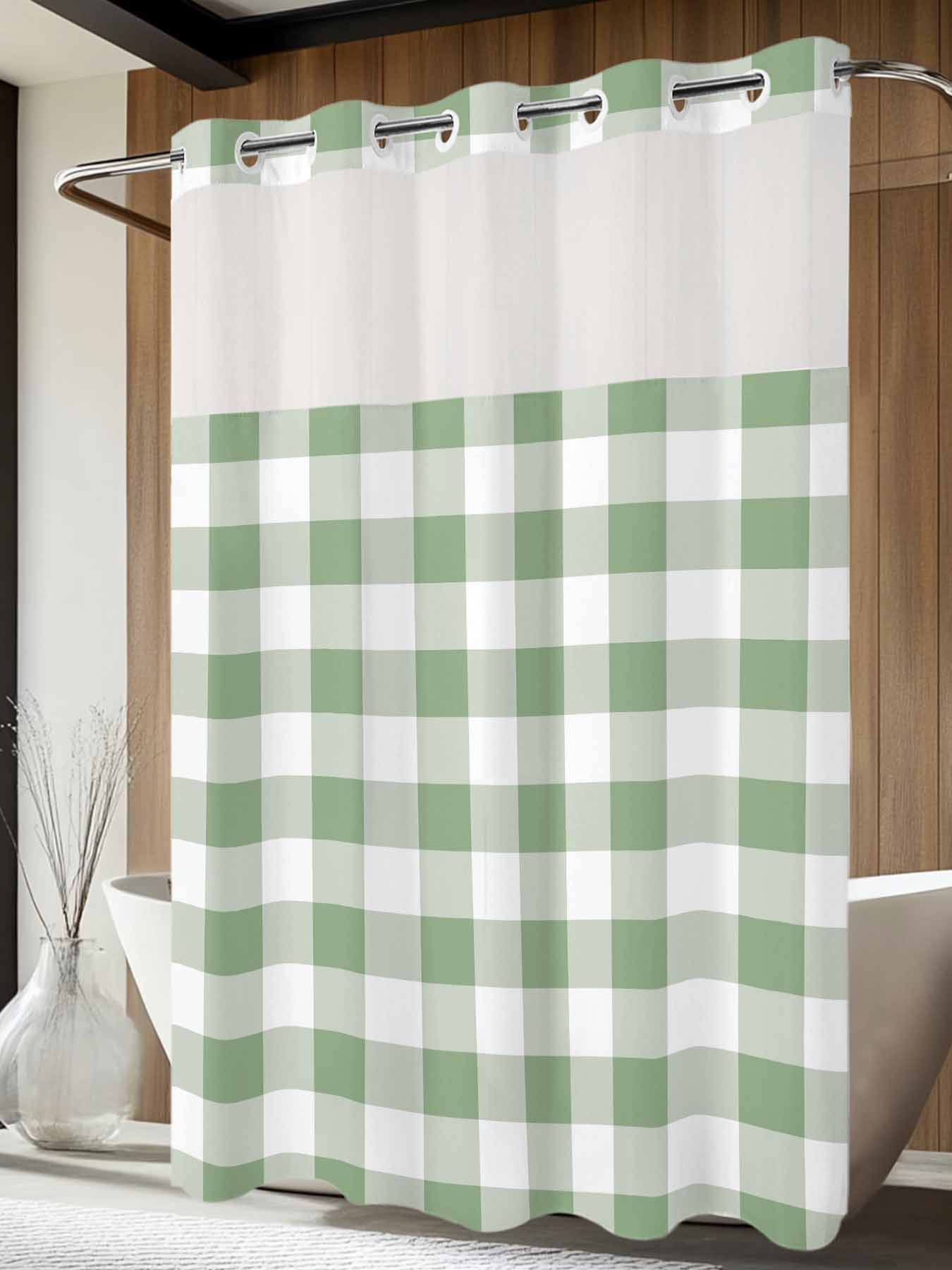 No Hook Shower Curtain with Snap in Liner, Sage Green Buffalo Plaid ...